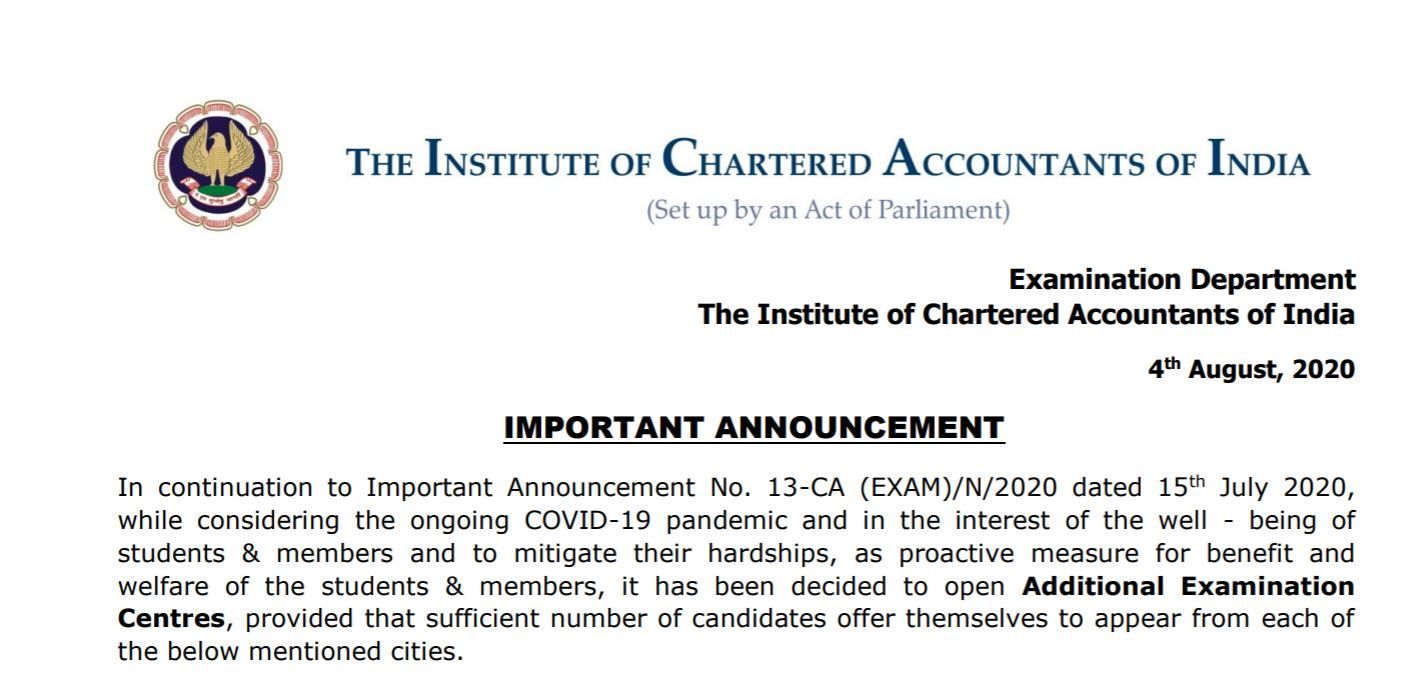 Latest ICAI Announcement - Additional Examination Centres