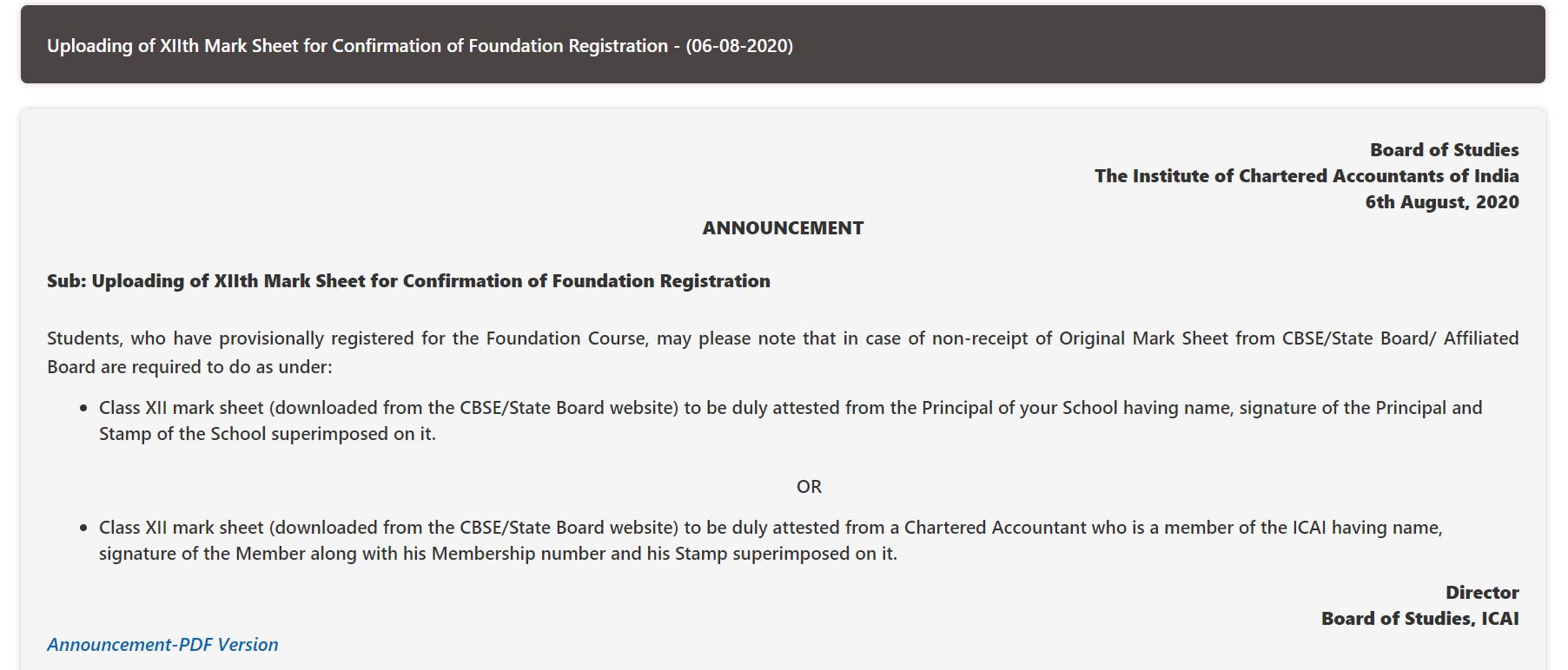 ICAI Announcement: Uploading of XIIth Mark Sheet for Confirmation of ...