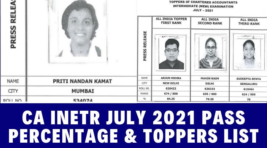 ICAI CA Intermediate July 2021 Exam Passing Percentage & Merit List